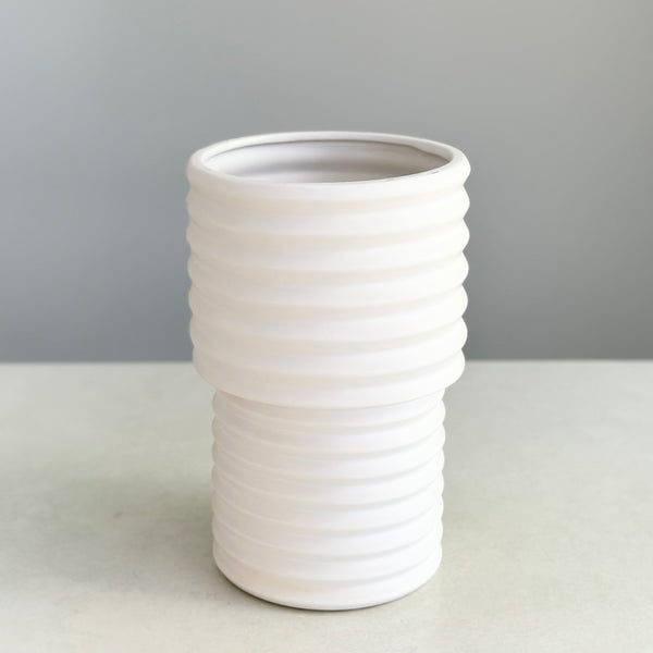 Ceramic Round Ribbed White Tall Vase - Decora Home