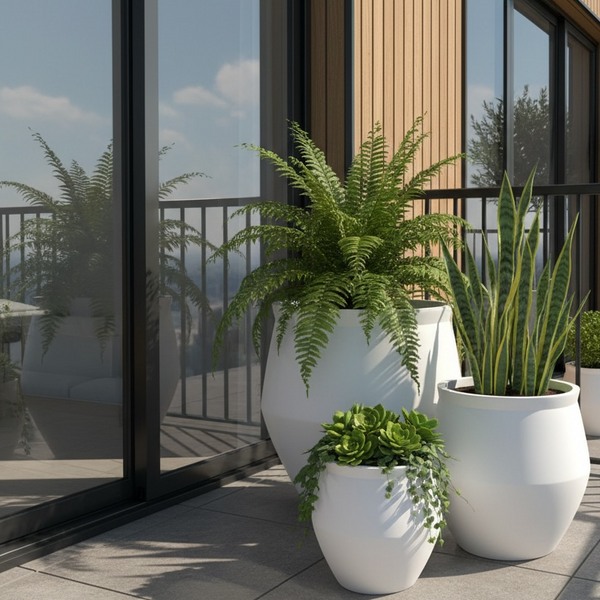 Barrel Smooth White Finish Fiber Clay Planter - Decora Home