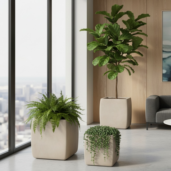 Cube Smooth Wash Beige Fiber Clay Planter - Decora Home