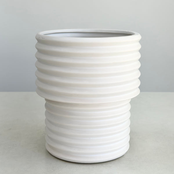 Ceramic Round Ribbed White Vase - Decora Home