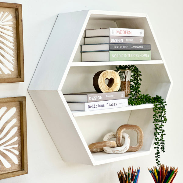 Hexagon White Wash Wooden Shelf - Decora Home