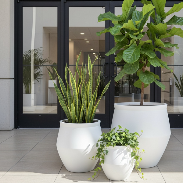 Barrel Smooth White Finish Fiber Clay Planter - Decora Home