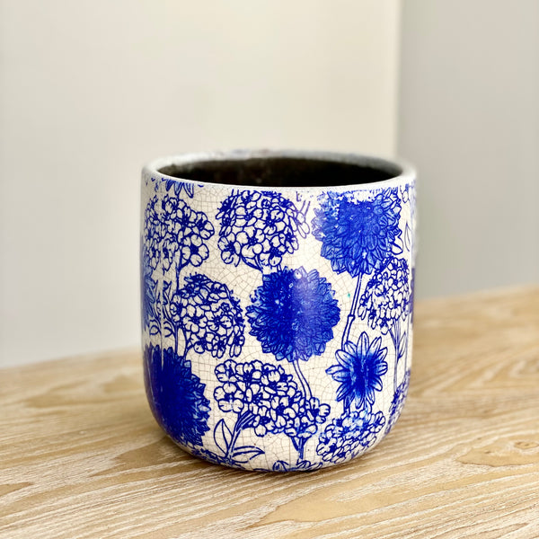 Ceramic Round Pot with Floral Crackled Blue Design - Decora Home